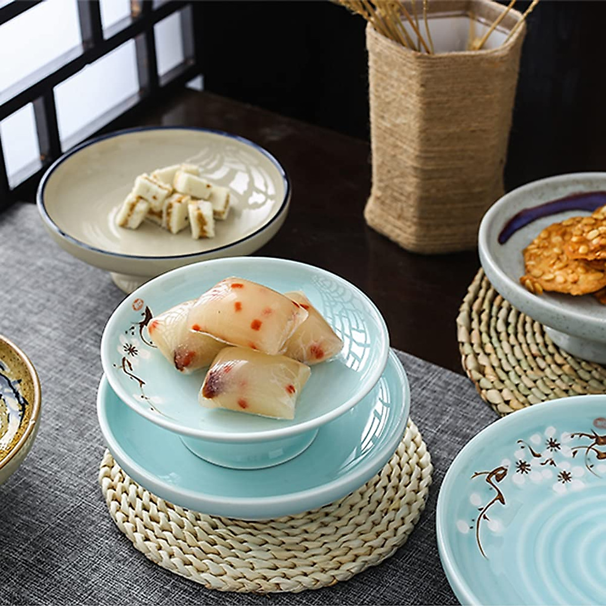 Kelendle Ceramic Footed Bowl Round Pedestal Bowl Decorative Fruit Bowl Serving Dish Dessert Display Tray Trifle Cups Snacks Nuts Plate for Kitchen Counter Centerpiece Table Decor Blue 10inch