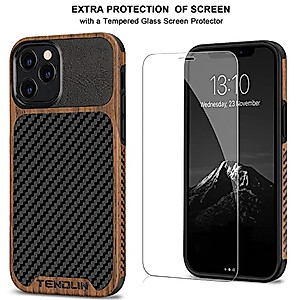 TENDLIN Compatible with iPhone 12 Pro Max Case Wood Grain with Carbon Fiber Texture Design Leather Hybrid Case Black