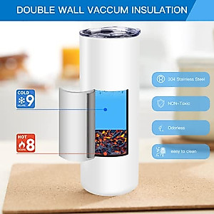 Munskine 4 Pack Sublimation Tumblers 20 Oz Skinny Stainless Steel Double Wall Tumbler Blanks - Sublimation Tumblers with Lid, Straw, Brush & Shrink Wrap -White