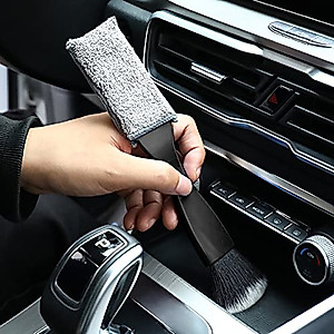 AUCELI Double Head Brush for Car Clean, Soft Nylon Hair and Coral Fleece, Auto Exterior Interior Detailing Brushes, Vehicle Cleaning Kit for Wheels, Engine Bay, Leather Seats, Air Vents (Black/2PCS)