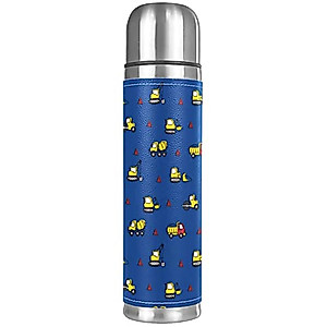 Stainless Steel Leather Vacuum Insulated Mug Construction Vehicle Thermos Water Bottle for Hot and Cold Drinks Kids Adults 16 Oz
