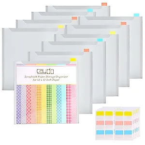 Caydo 50 Pieces Scrapbook Paper Storage Organizer with 120 Pieces Sticky Index Tabs Scrapbook Paper Storage Bags for Holding 12 x 12 Inch Scrapbook Paper, Paper Files, Vinyl Paper and Cardstock