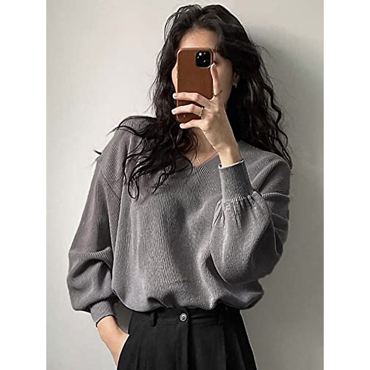 SweatyRocks Women's Lantern Long Sleeve Drop Shoulder Sweater V Neck Ribbed Knit Pullover Top Dark Grey S