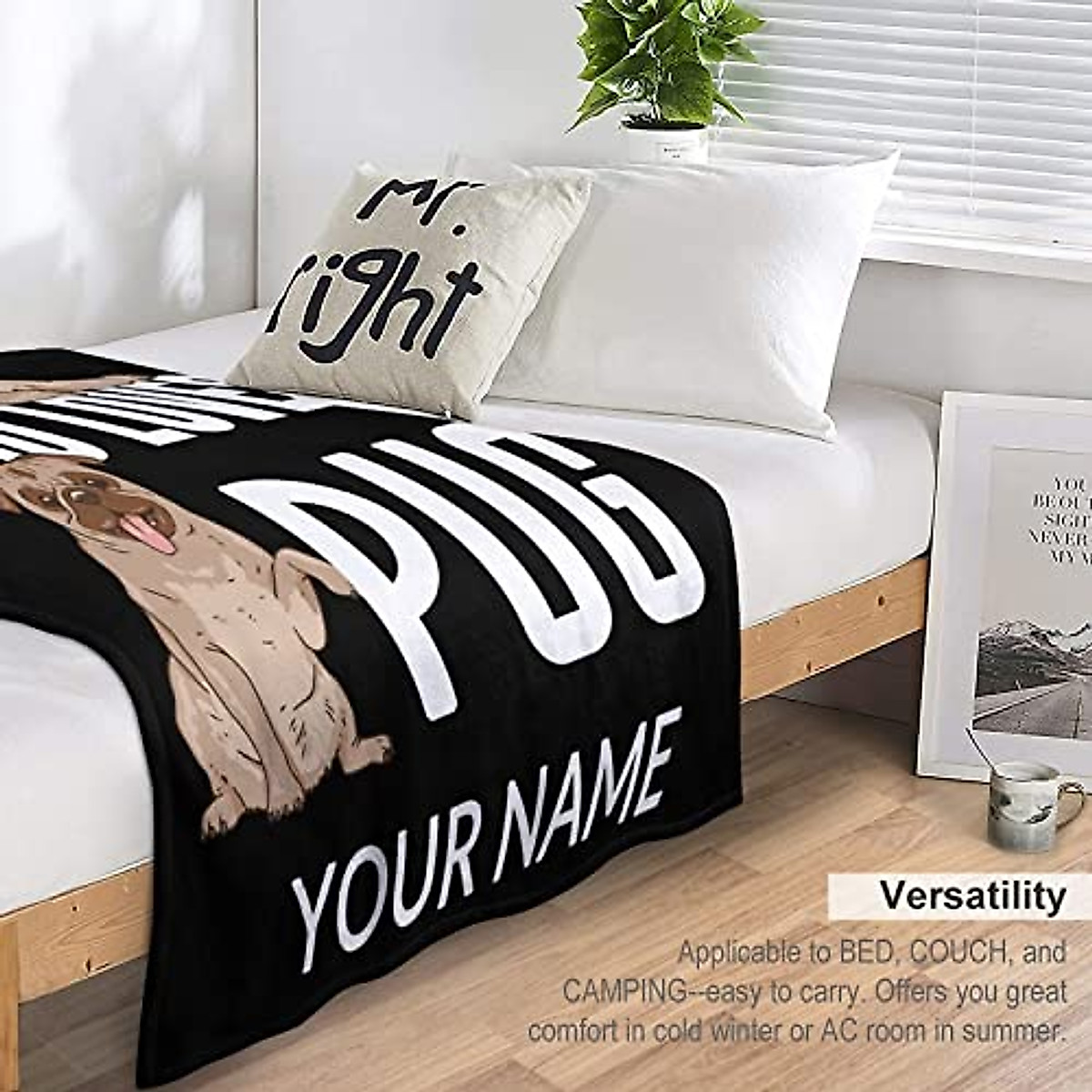 Personalized Pug Blanket with Name Text, Soft Fleece Flannel Pug Throw Blanket, Pug Lovers Gifts Fuzzy Cozy Warm Lightweight for Bed Couch Living Room (50"x60")