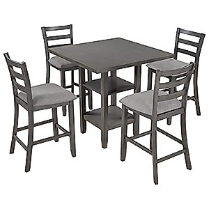 FANYE 5-Piece Counter Height Kitchen & Dining Room Dinette Furniture Sets Include Wooden Square Table with Bottom Storage Shelves and 4 Upholstered Back Chairs for 4 Persons Family Meal,Gray, Grey