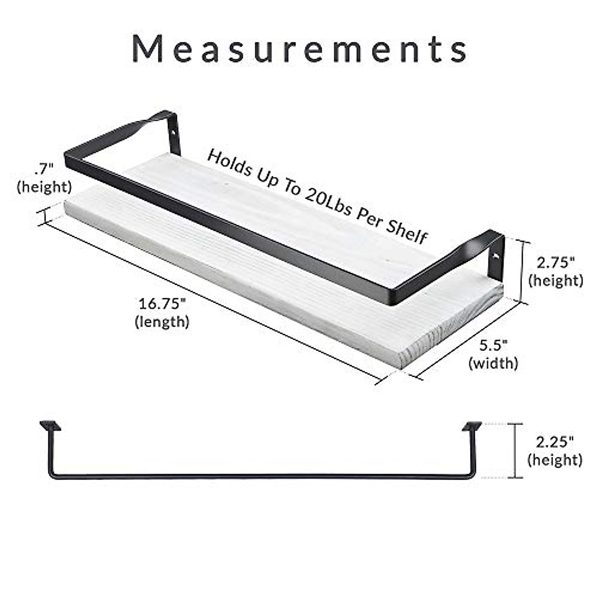 Peter's Goods Rustic Floating Wall Shelves with Rails - Decorative Storage for Bedroom, Bathroom, and Kitchen - Elegant, Modern Shelving - Rustic White Pine Wood, Charcoal Metal Frame - Set of 2
