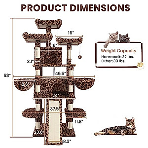 SHA CERLIN 68 Inches Multi-Level Large Cat Tree for Large Cats/Big Cat Tower with Cat Condo/Cozy Plush Cat Perches/Sisal Scratching Posts and Hammocks/Cat Activity Center Play House, Leopard Print