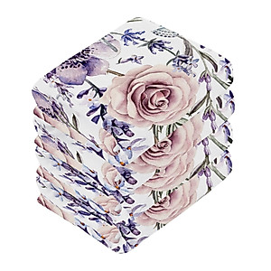 FUGIDOG Watercolor Lavender Rose Washcloths Set of 2-12 X 12 Inch Highly Soft & Absorbent Cotton Wash Cloths Face Towel Bath Hand Towels for Bathroom Spa Gym Kitchen