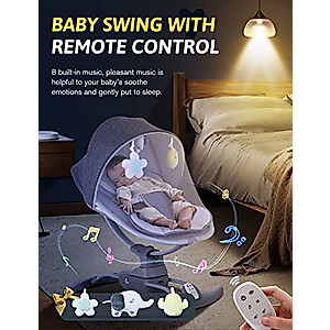 Baby Swings for Infants, Electric Portable Baby Swing by Remote Control 3 Swing Speeds and Music Speaker, Adjustable Recline Baby Bouncer with Harness Belt Suitable for 5-20 lbs Newborn Toddler