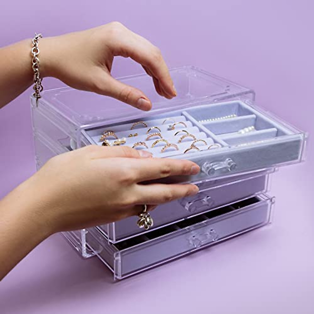 The TopCherry Big Acrylic Jewelry Organizer with 4 Drawers, Earrings Organizer, Clear Jewelry Box, Rings Necklaces Bracelets Display Case, Gift for Women