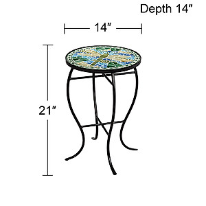 Teal Island Designs Dragonfly Modern Black Metal Round Outdoor Accent Side Table 14" Wide Blue Green Mosaic Tile Inlay Tabletop Gracefully Curved Legs for Spaces Porch Patio Home House Balcony Deck
