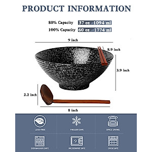 Kanwone Ceramic Japanese Ramen Bowl Set, Noodle Soup Bowls - 60 Ounce, with Matching Spoons and Chopsticks for Udon Soba Pho Asian Noodles, Set of 2, Black