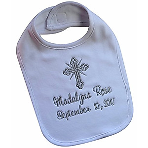 Funny Girl Designs Christening Bib for Babies Personalized and Embroidered Name and Baptism Date in Silver Thread