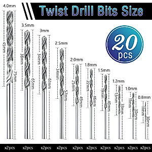 20 Pieces Diamond Drill Bits Set Twist Diamond Tip Drill Bit Heavy Duty Micro Diamond Drill Bit Set for Glass Tile Jewelry, 0.8 mm 1.0 mm 1.2 mm 1.5 mm 1.8 mm 2.0 mm 2.5 mm 3.0 mm 3.5 mm 4.0 mm
