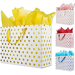 Plauthus 16" Extra Large Gift Bags for Presents with Tissue Paper for Birthday Party and Baby Shower (4 Packs, Gold, Rose Gold, Blue, Red metallic dots)