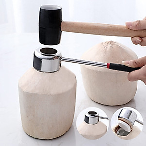 FengWu Coconut Opener Tool Set Food Grade Stainless Steel Coconut Opener Kit for Young Coconut Coco Jack Opener Kit with Stainless Steel Scraper, Coconut Hole Maker Puncher, Rubber Hammer (4pcs)