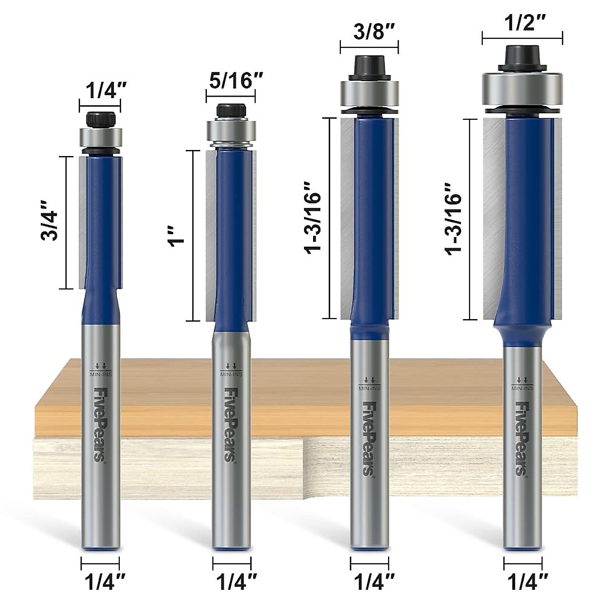 FivePears 4Pcs Flush Trim Router Bits Set 1/4 Inch Shank, Bottom Bearing Flush Cut Trim Router Bit for Woodworking, 1/4", 5/16", 3/8", 1/2" Diameter