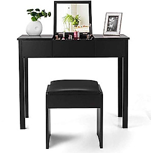 Vanity Table with Flip Top Mirror, Solid Wood Makeup Dressing Table , Writing Desk with Cushioned Stool Set, 2 Drawers for Different Sized Makeup Accessories, Bedroom Bathroom Organizers (Black)