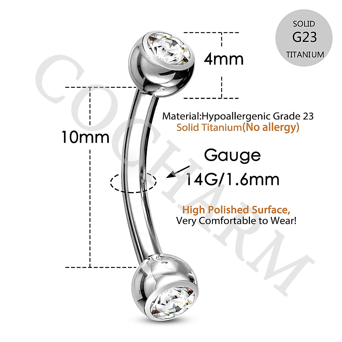 COCHARM G23 Solid Titanium 14G Belly Button Rings CZ Cute Internally Threaded Hypoallergenic Belly Piercing Navel Rings