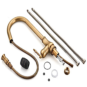 Single Handle Kitchen Faucet,Antique Copper One Hole Pull Out Pull Down Widespread Brass Faucet Body with Cold Hot Mixer Hoses