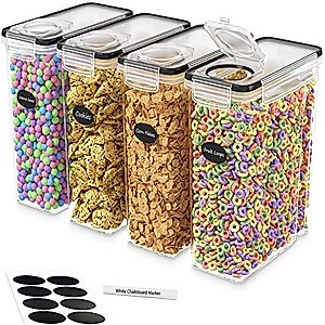 DWËLLZA KITCHEN Cereal Containers Storage Set - Cereal Dispenser Airtight Food Storage Container BPA-Free 4 Pc (135.2oz) Pantry Organization and Storage 8 Labels 1 Marker, Canister for Sugar & Flour