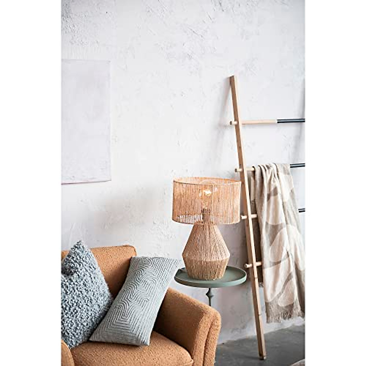 Bloomingville Cotton Slub Botanical Print and Fringe, Tan Blanket Throw