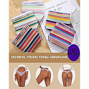 FINETOO Cotton Thongs for Women Sexy Soft Breathable Thong Underwear Low Rise Colorful Stripes Hipster Panties 5 PacK(5AM)