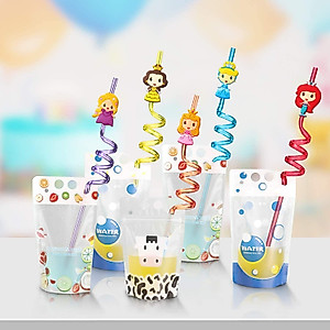 Lidmada 25Pcs Princess Party Favors Straws with 2 Cleaning Brushes, 5 Designs Reusable Plastic Straws Great for Princess Themed Birthday Party Supplies for Girls Kids