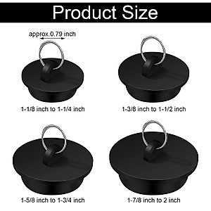 4 Pieces Tub Stopper Set Rubber Sink Stopper Drain Plug with Hanging Ring for Bathtub, Kitchen and Bathroom, Black (1-1/8, 1-3/8,1-5/8, 1-7/8'')