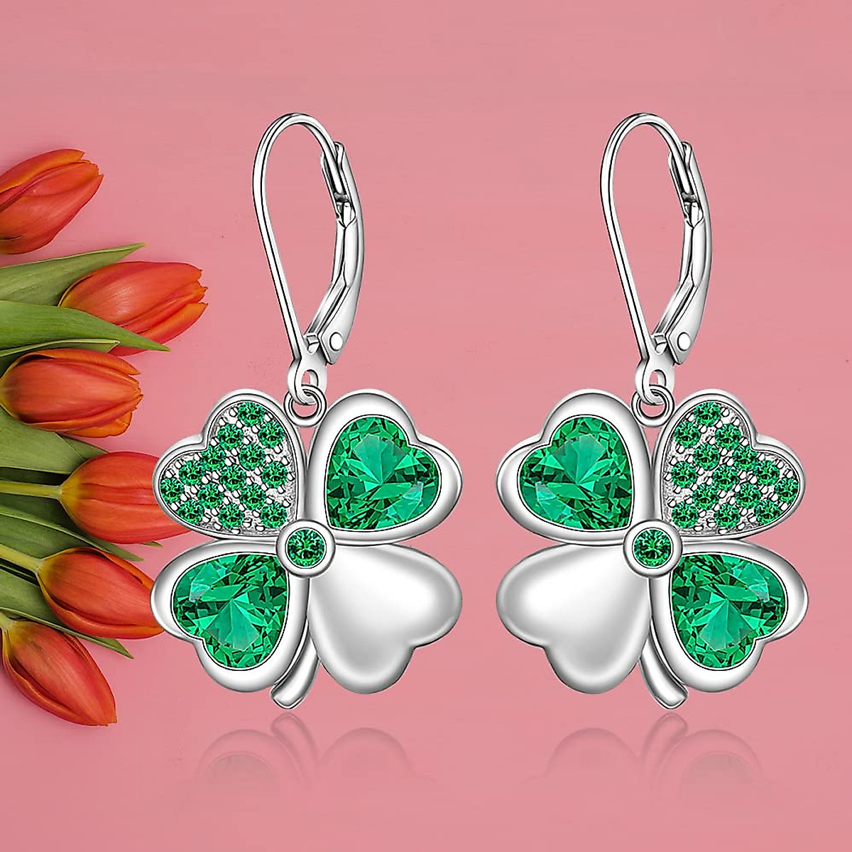 St Patricks Day Shamrock Earrings for Women Sterling Silver Four Leaf Clover Earrings Green Heart Cubic Zirconia Valentine Mothers Day Irish Shamrock Gifts