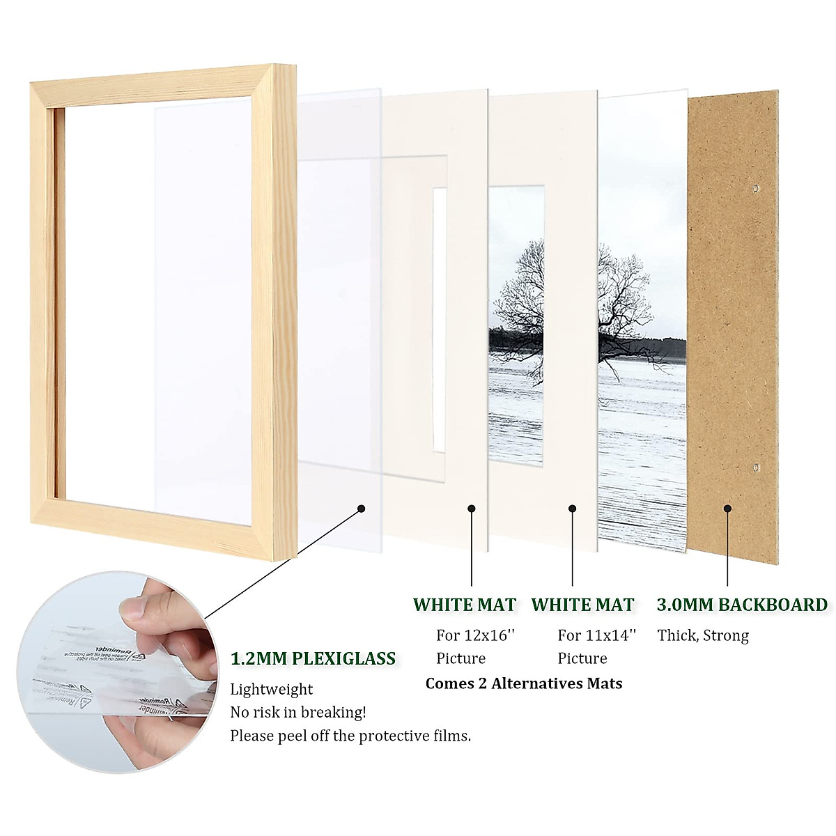 Egofine 16x20 Poster Frame Set of 2 Solid Wood Frame with Plexiglass Matted for 11x14/12x16 for Wall Mounting Hanging Picture Frame Vertically or Horizontally, Natural Wood