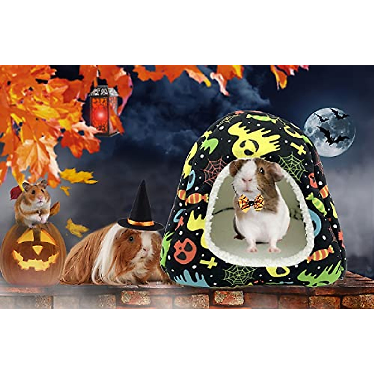 Vehomy Small Animal Halloween House Hideout & Costume Set- Hamster Cave House Bed Nest Hideout with Ghost Candy Spider Net Pattern Hamster Witch Hat Bowtie for Rodent Chinchilla Hedgehog