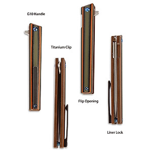 Samior GP035-Mini Little Flipper Folding Pocket Knife, 2.9 Inch Tanto Point D2 Blades, G10 Handle with Liner lock, Titanium Belt Clip, Gentlemen's Utility EDC Knives, 1.1oz (Multi)