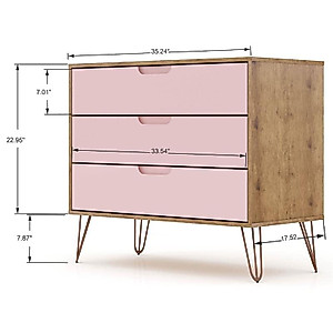 Manhattan Comfort Rockefeller Mid-Century Modern 3-Drawer Bedroom Dresser, Natural, Rose Pink Finish