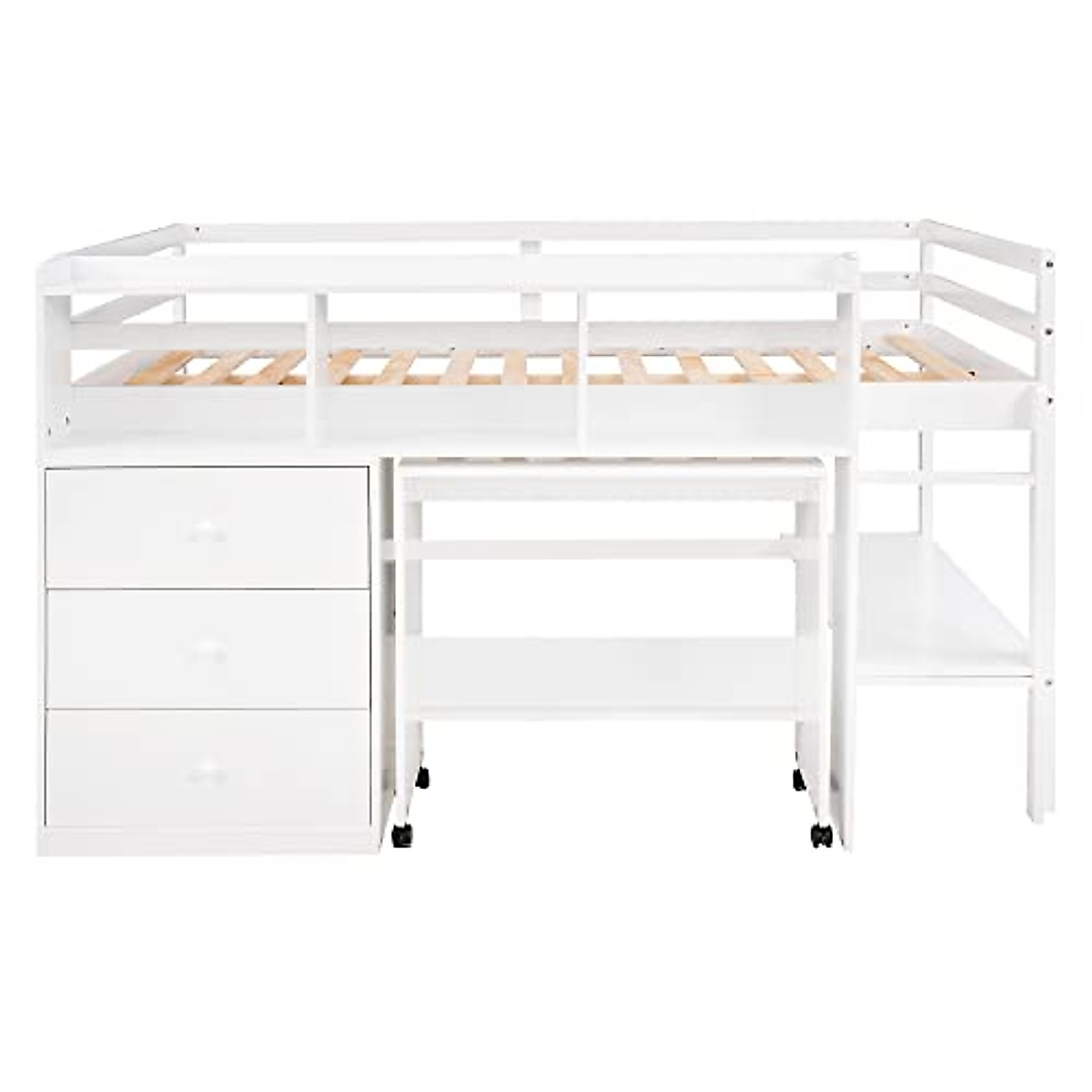 VilroCaz Full Size Low Loft Bed with Rolling Portable Desk and Drawers, Multiple Functions Wood Loft Bed Frame with Storage Shelves for Kids Teens, Sturdy Slats Support (White-Full)