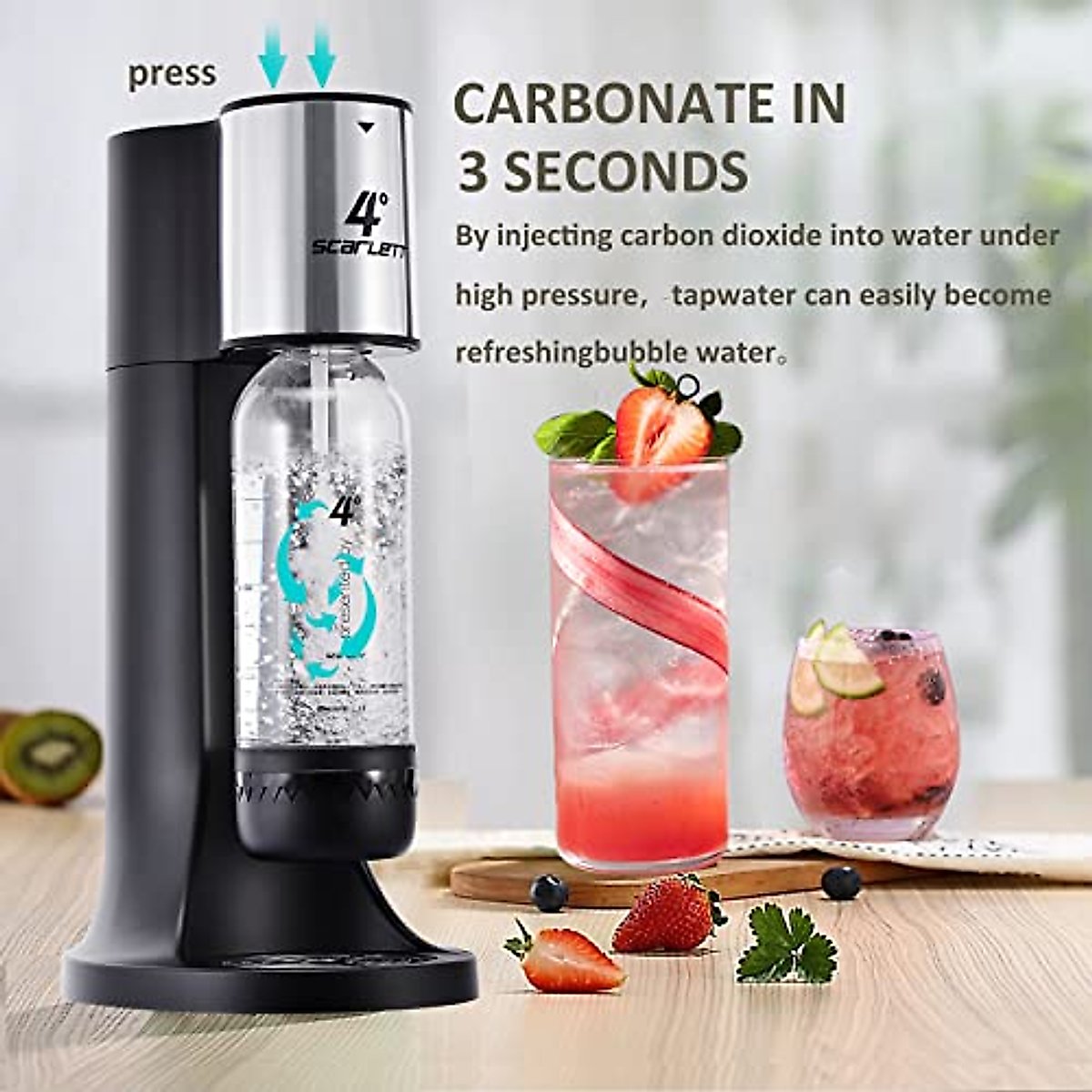 4° Sparkling Water Maker, Carbonated Water Machine and Soda Maker Machine for Home or Office, with 1.0L BPA-free Sparkling Water Bottle, Compatible with Any Screw-in 60L CO2 Carbonator(NOT Included)(Matte Black)