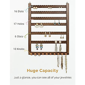 Mymazn Easy Assemble Solid Walnut Wood Earring Wall Holder Hanging Jewelry Organizer Necklace Holder Earring Hanger Wall Mount Jewelry Organizer for Necklaces Rings Scruncies Organization