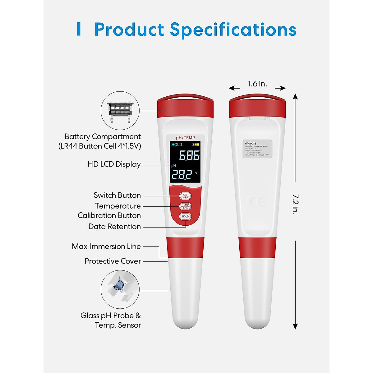 meross PH Meter, Digital PH Meter for Water Hydroponics with ATC, IP67 PH/Temp 2 in 1 Tester Pen with 0-14 PH Measurement Range, 0.01PH High Accuracy Mini Pen for Pool, Drinking Water and Aquarium