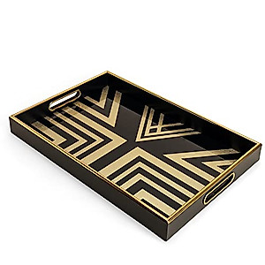 DIVERSITY TRADE Gold & Black Serving Tray w/ Handles – 17'' x 12'' Black Decorative Tray Large Ottoman TrayLiving Room Leak Proof Coffee Table Tray Glass Serving TrayOttoman Coffee Table (CX80225)