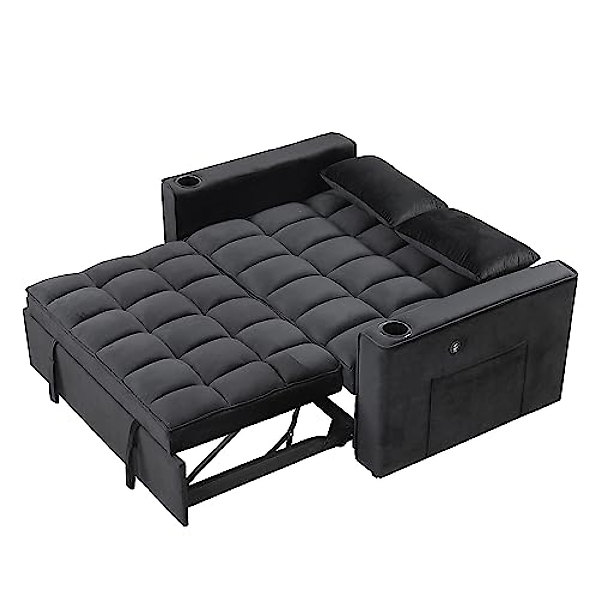 4 in 1 Upholstered Futon Sofa Convertible Twin Sofabed ,Foldable Tufted Loveseat with Pull Out Sleeper Couch Bed, Space Saving Love Seat Daybed W/Side Pockets ,USB Ports & Cupholders for Living Room