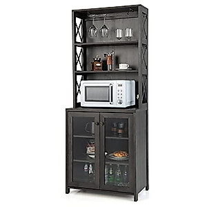 LOKO Kitchen Pantry Storage Cabinet, Farmhouse Buffet Hutch with Stemware Rack, Microwave Countertop & Tempered Glass Doors, 67.5" Freestanding Kitchen Hutch with Adjustable Shelf