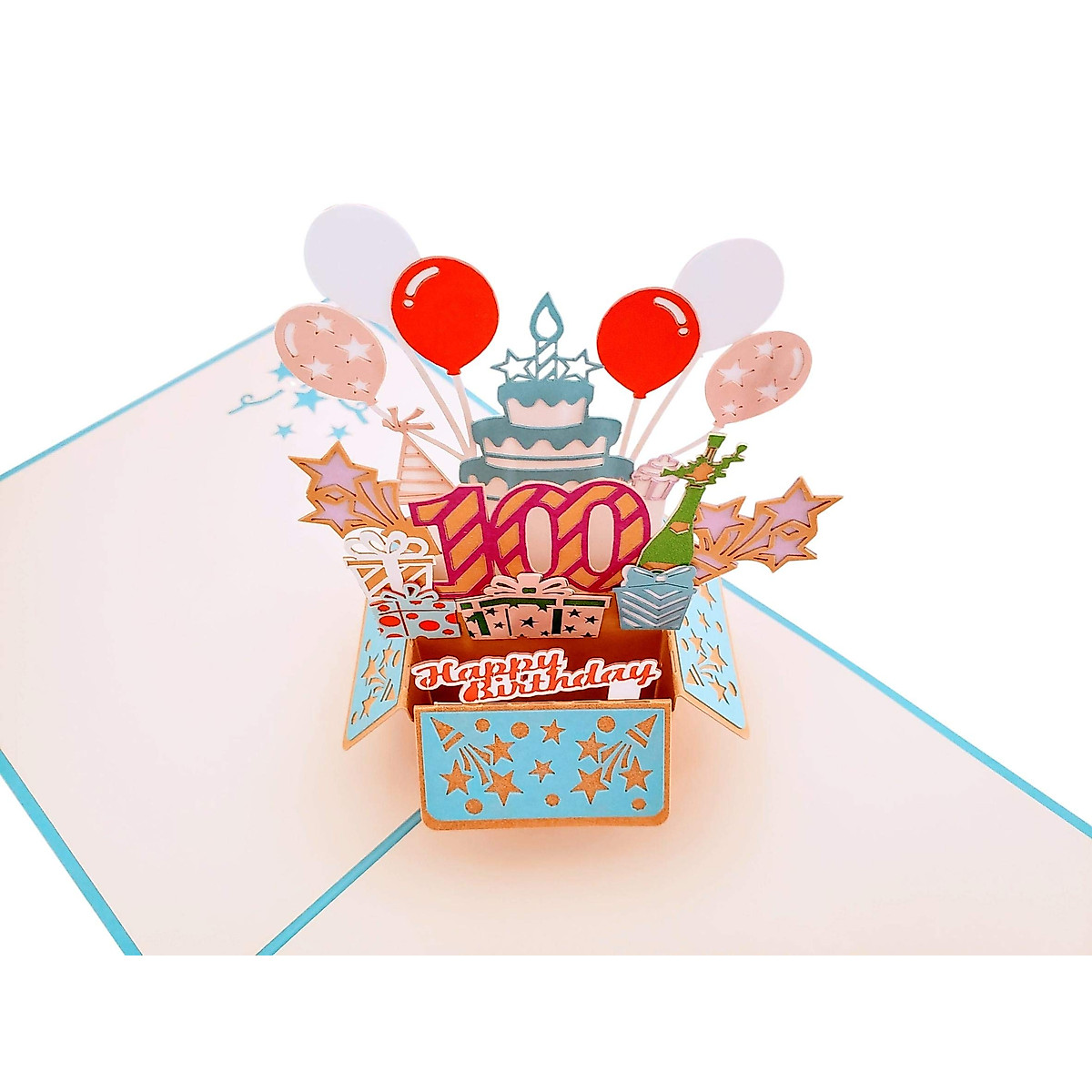 iGifts And Cards Happy 100th Blue Birthday Party Box 3D Pop Up Greeting Card – Someone Turning 100, Hundred, Awesome, Balloons, Unique, Celebration, Feliz Cumpleaños, Fun, Mom, Dad