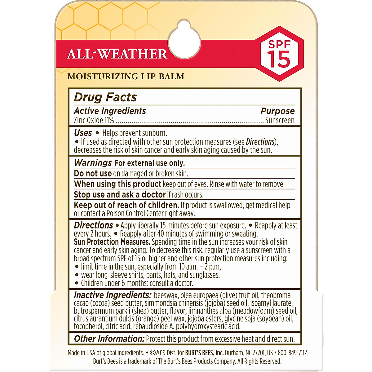 Burt's Bees All Weather SPF 15 Lip Balm, Water-Resistant Lip Moisturizer, Tint-Free, Natural Conditioning Lip Treatment, 1 Tube, 0.15 oz.