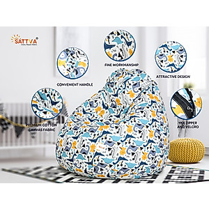 SATTVA Stuffed Animal Storage Bean Bag Chair for Kids, Zipper Storage Bean Bag for Organizing Stuffed Animals, Dinosaur Bean Bag Chair Cover, (No Beans)_White Dino Print