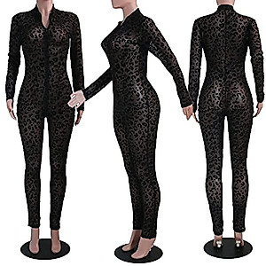 Uni Clau Women See Through Bodycon Jumpsuit - One Piece Deep V Neck Outfits Sheer Mesh Leopard Clubwear Jumpsuit Rompers Black L
