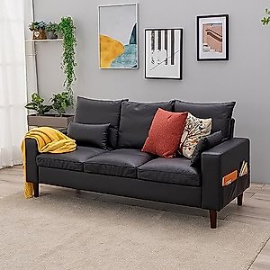 Panana Couch 3 Seater Loveseat Sofa with Storage Pockets for Living Room, Upholstered Faux Leather Sofa with 2 Pillows, Cushion Back Sofa for Bedroom, Home Office, Apartment