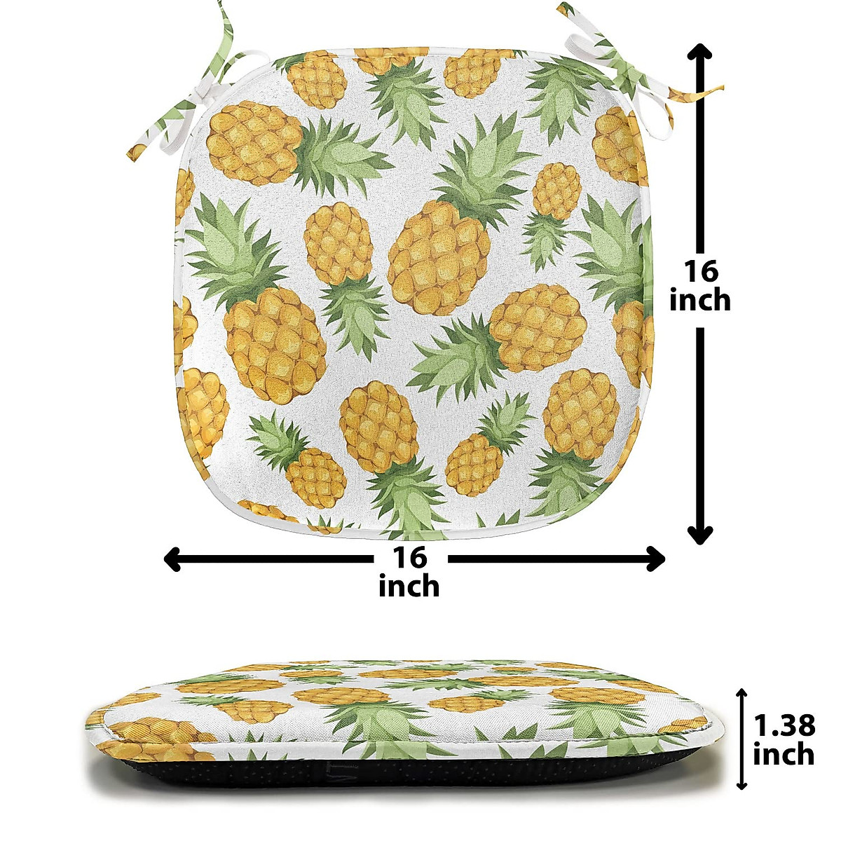 Ambesonne Yellow and White Chair Seating Cushion Set of 4, Pineapples Tropical Climate Fruits Ripe Juicy Food, Anti-Slip Seat Padding for Kitchen & Patio, 16"x16", Earth Yellow Green White