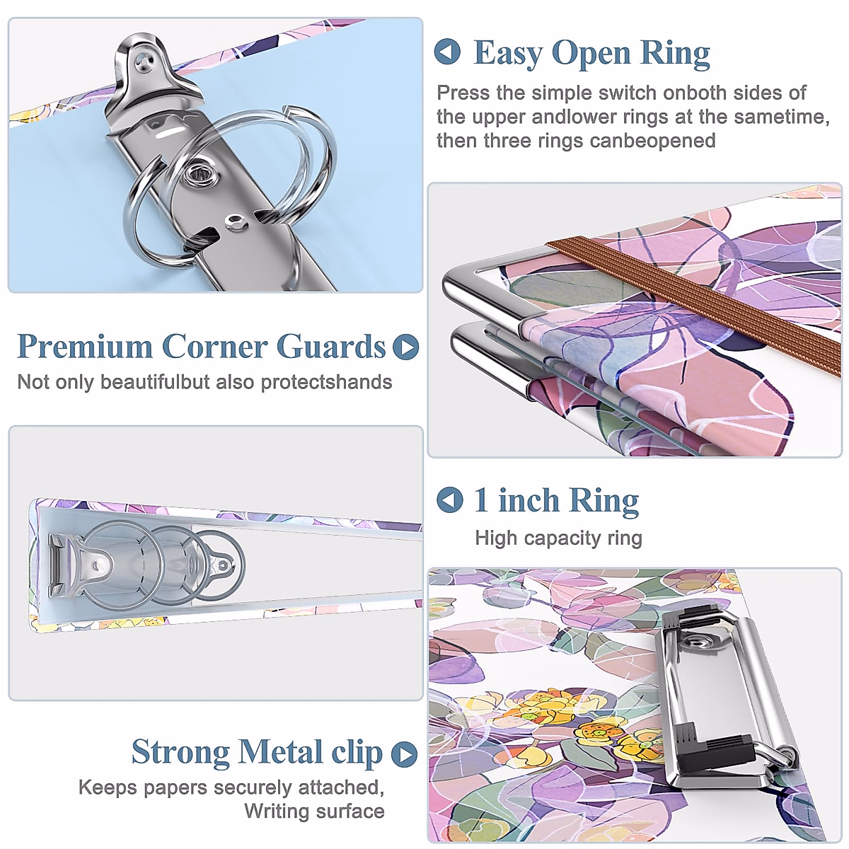 ZAXMEY 3 Ring Binder, 1 Inches Round Ring Binder with Clipboard, Dividers Tabs, PVC Zipper Bag Sleeves & to Do List Planners for Women, Men, School, Office Supplies, Colorful Flower