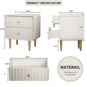 HLR Modern Nightstand Set of 2, Fluted Bed Side Table with 2 Drawers Storage, Wood End Table with Gold Metal Handle, White Night Stands for Bedroom