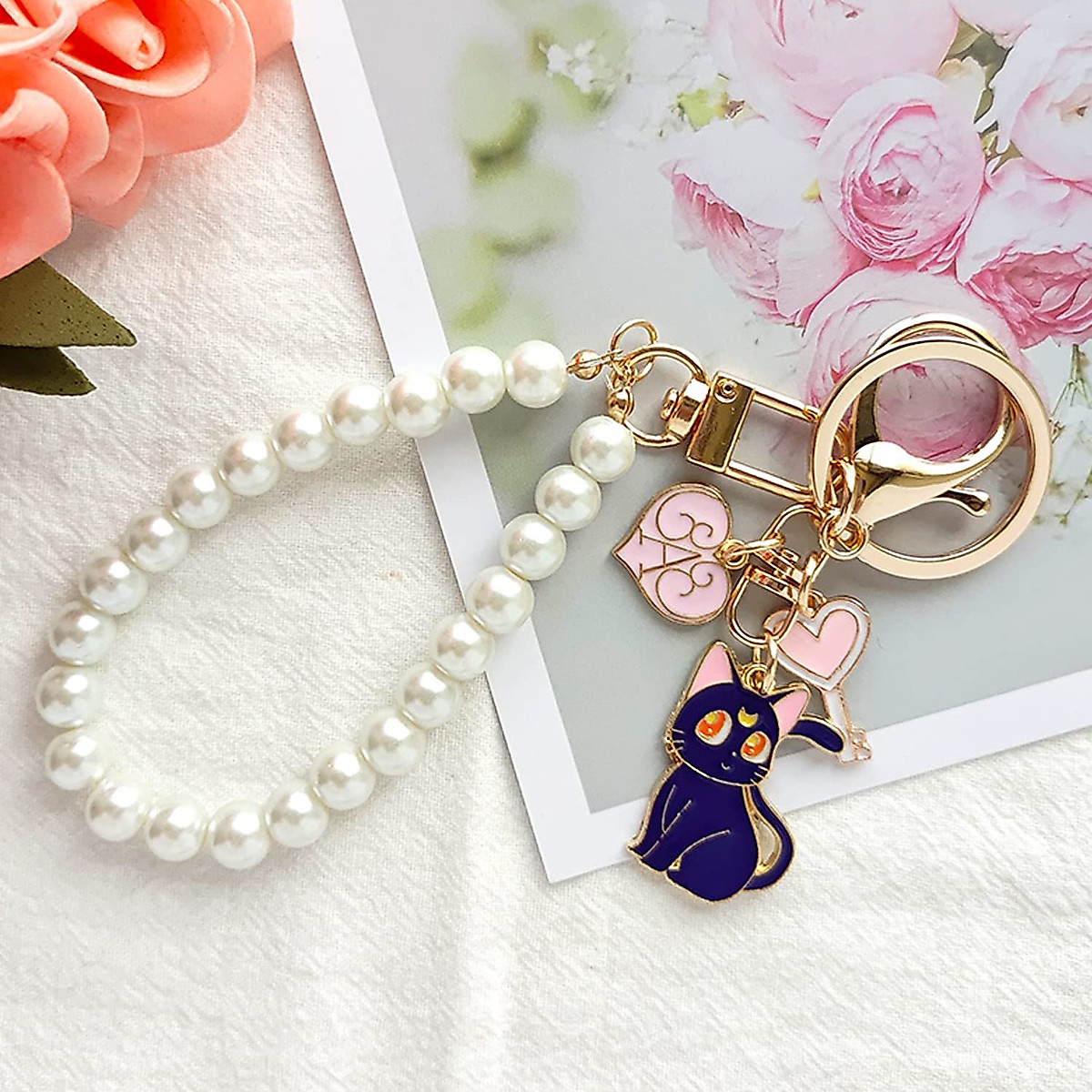 Cute Moon Cat Keychain Key Charm Aesthetic Gift for Women Girls Anime Fans (Purple Kitty)